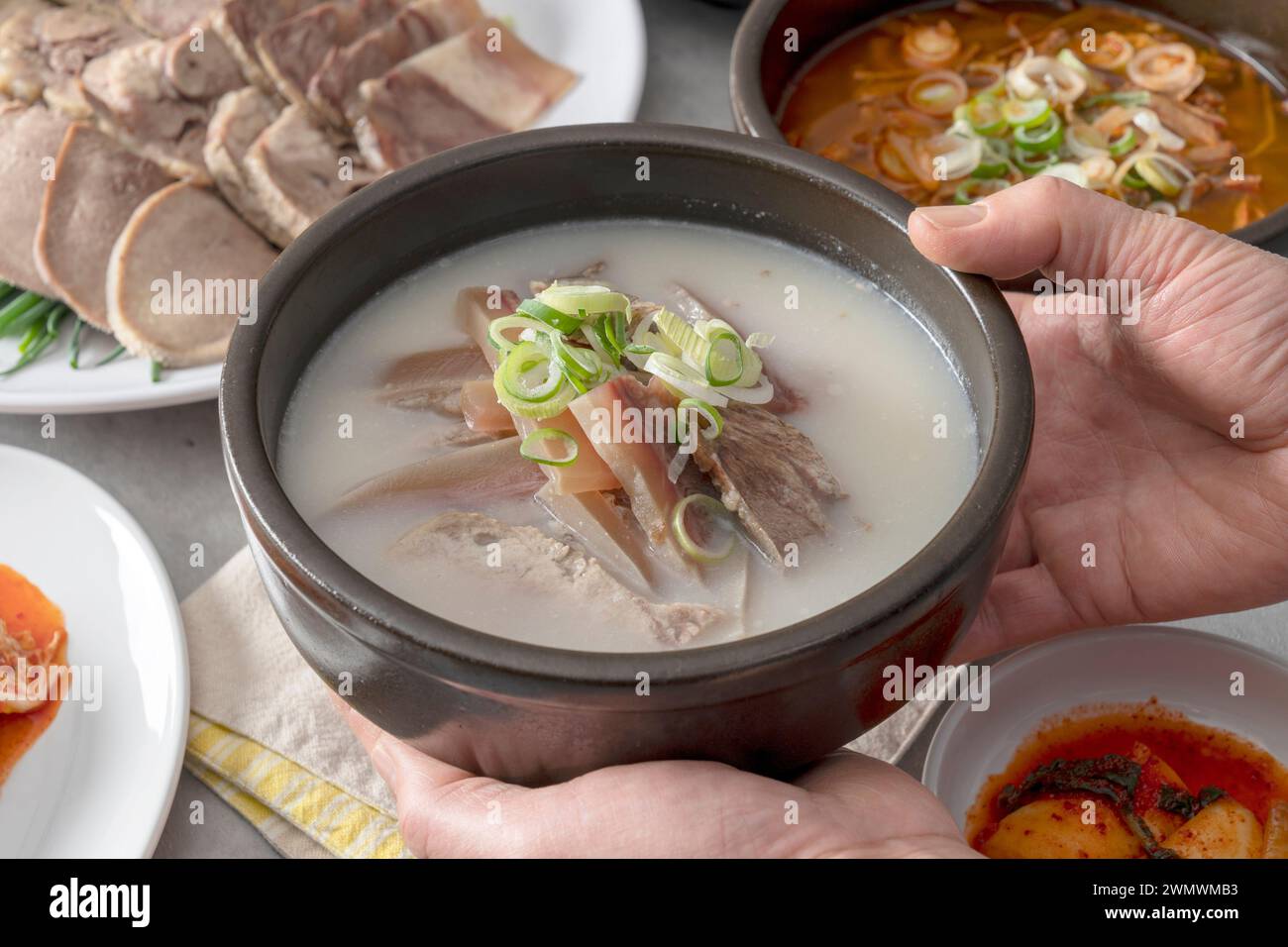 Korean food dish Beef head gukbap, boiled pork, beef, yukgyejang, side ...