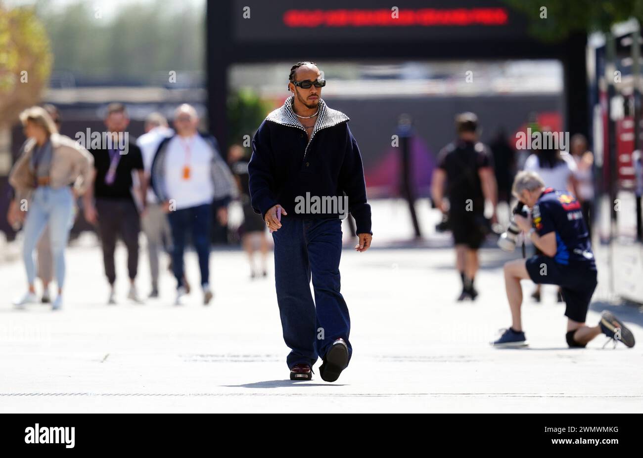 Mercedes driver Lewis Hamilton arriving at the Bahrain International ...