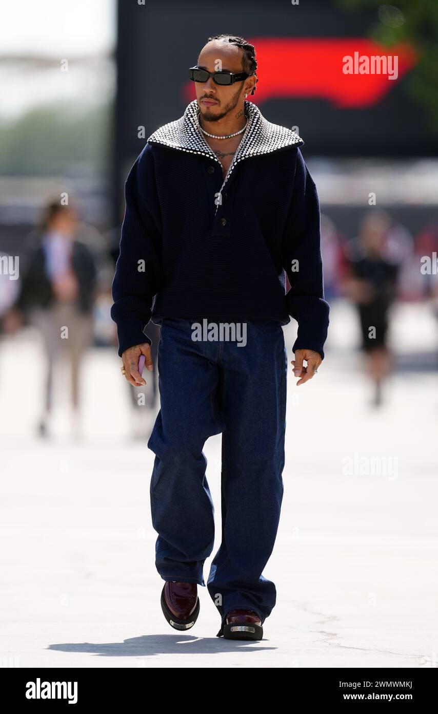 Mercedes driver Lewis Hamilton arriving at the Bahrain International ...