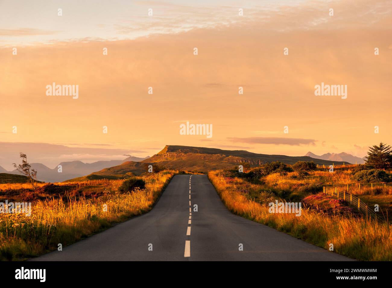 A general view of the A855 on the Isle of Skye, Scotland at sunrsie ...