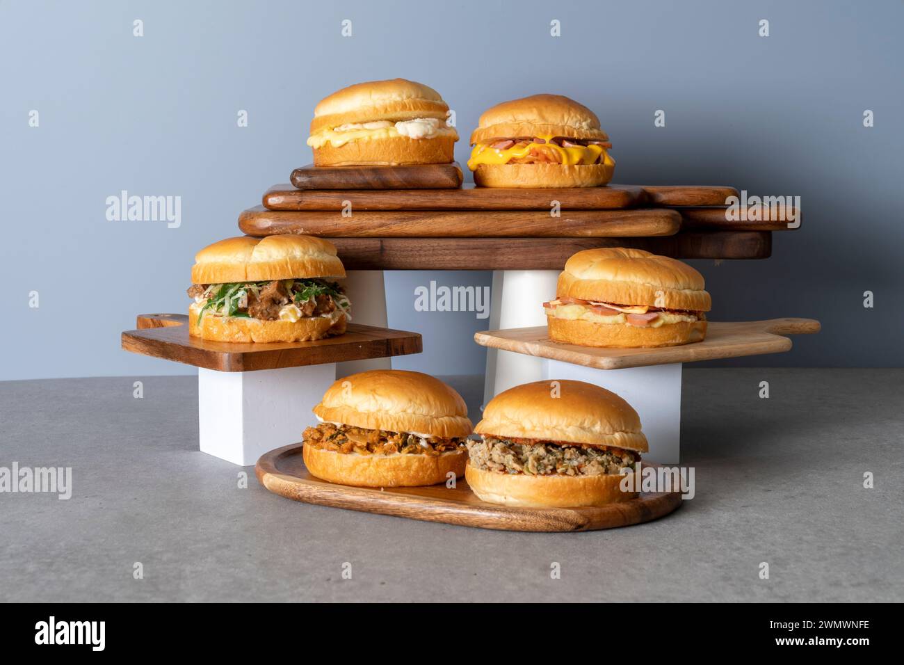 Hamburger, burger, cloud bread, bread, scones, cake Stock Photo - Alamy