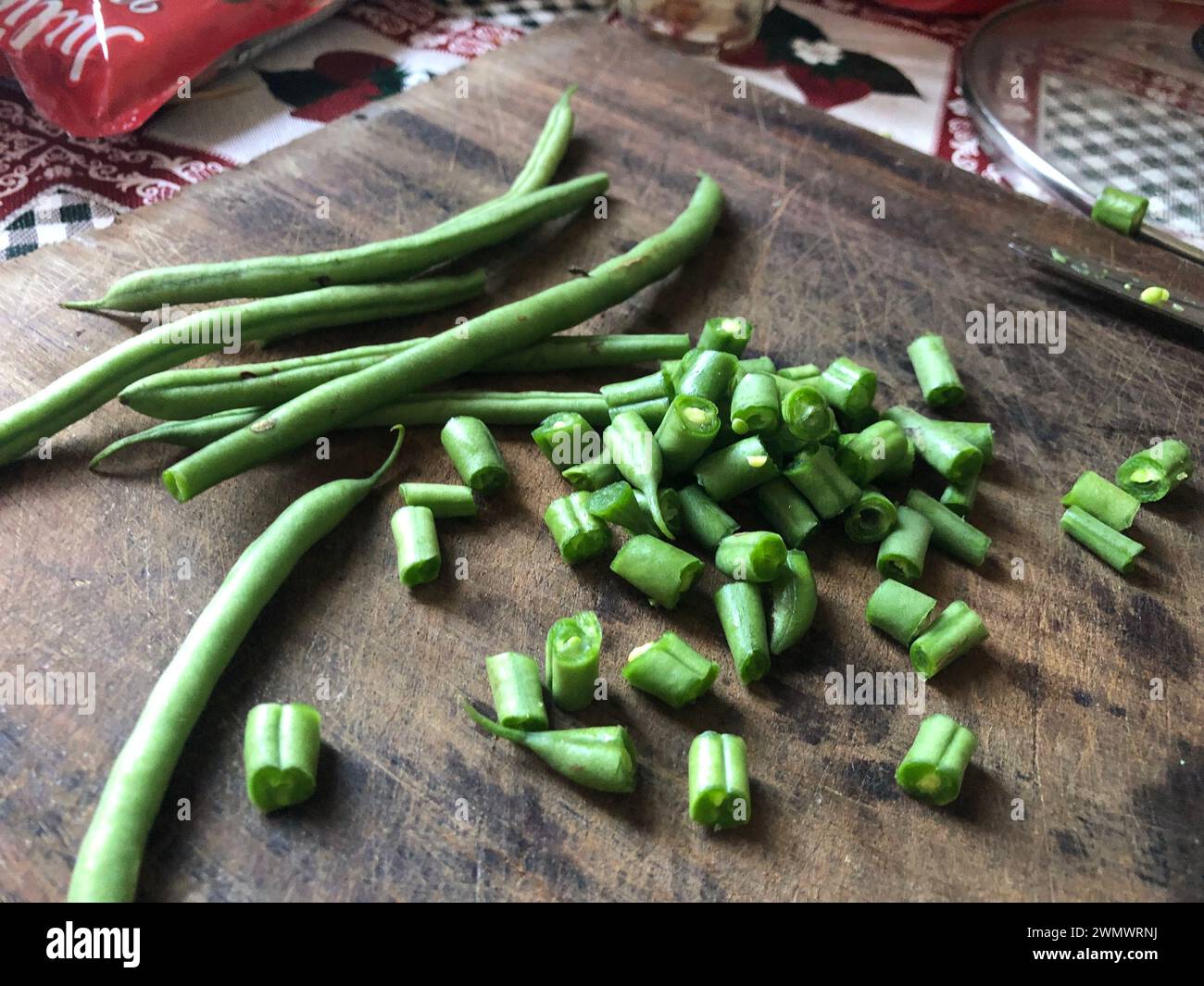 Bunch of green pods of raw, uncooked beans grains, top view Stock Photo ...