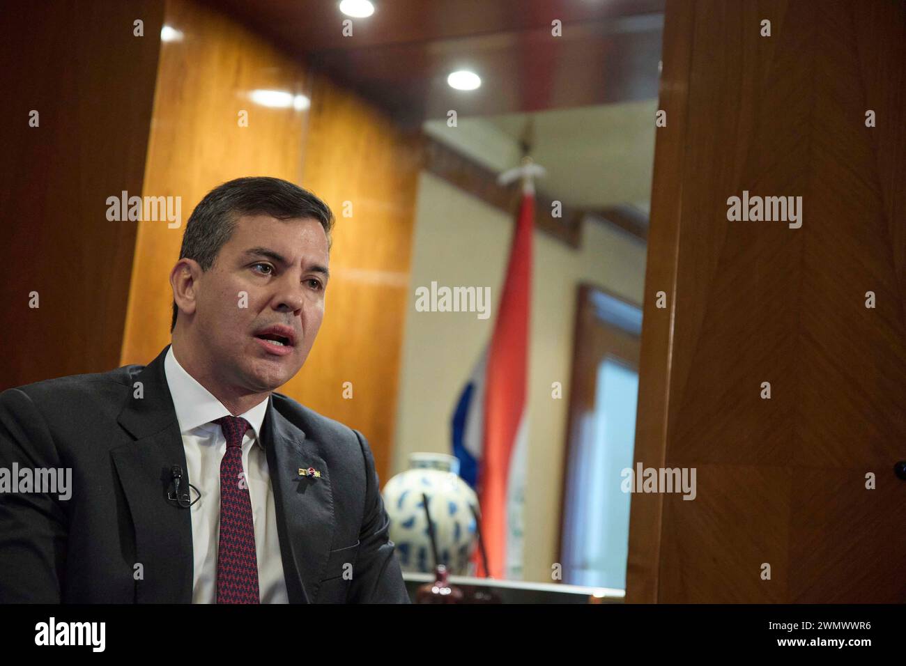 The president of Paraguay, Santiago Peña, during an interview for ...