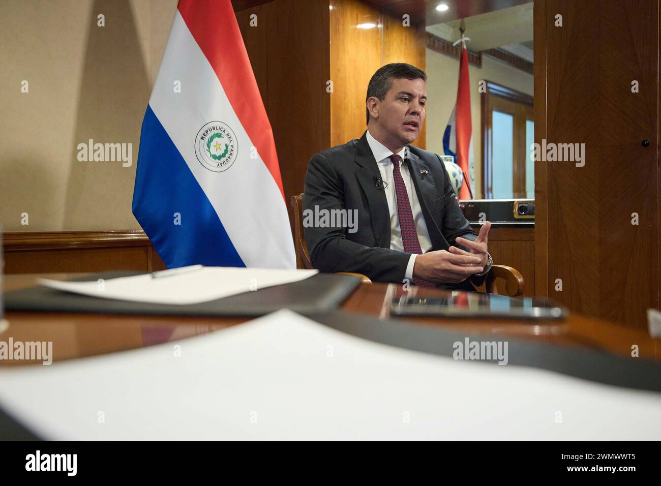 The president of Paraguay, Santiago Peña, during an interview for ...