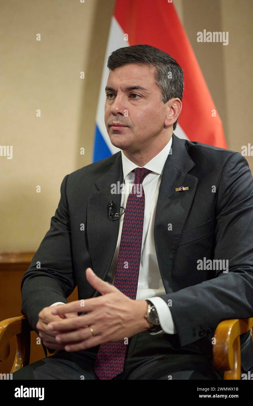 The president of Paraguay, Santiago Peña, during an interview for ...