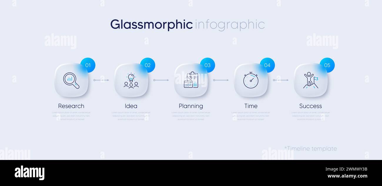 Glass morphism business 5 step flowchart or timeline diagram. Round ...