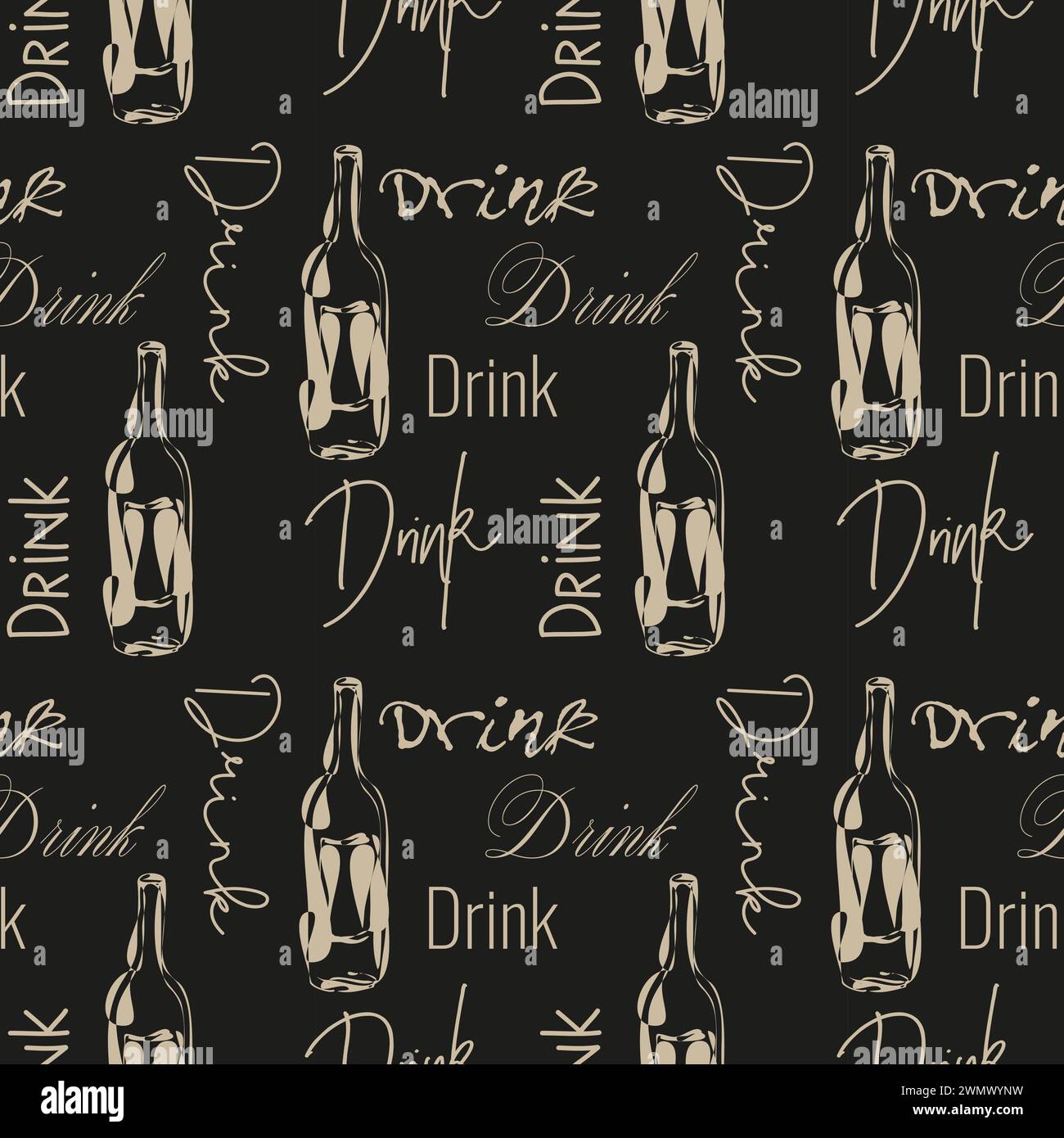 Seamless pattern of stylized hand drawn bottles with doodles and text Drink on dark background ...