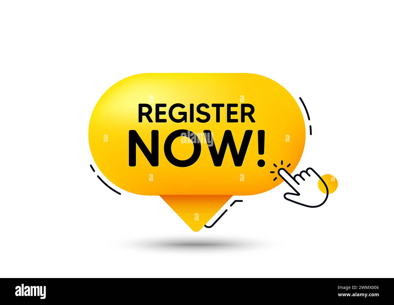Register now chat bubble with hand cursor. Registration button with click here finger icon ...