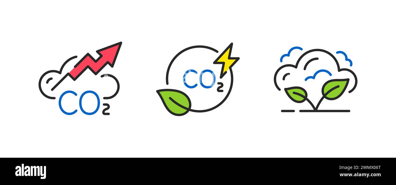 Zero emissions line icon set. Carbon dioxide pollution, Co2 emissions ...