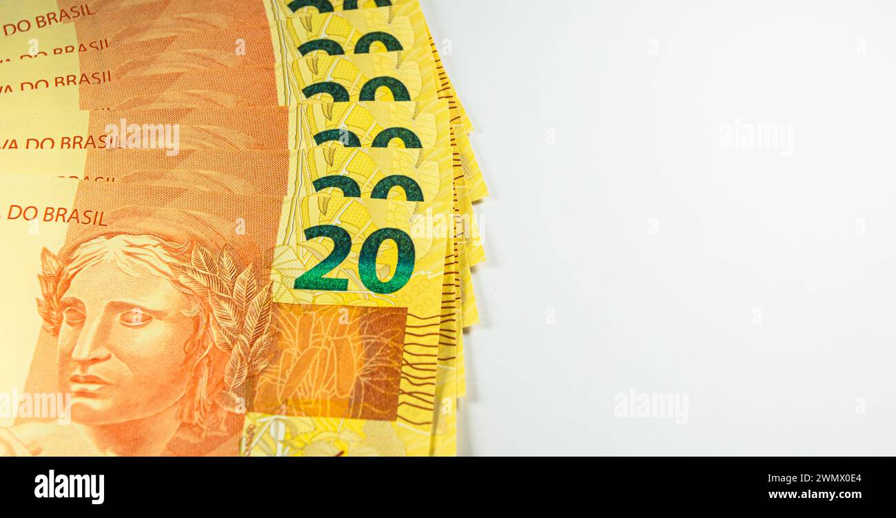 Close-up of Brazilian 20 reais banknotes on white background Stock ...