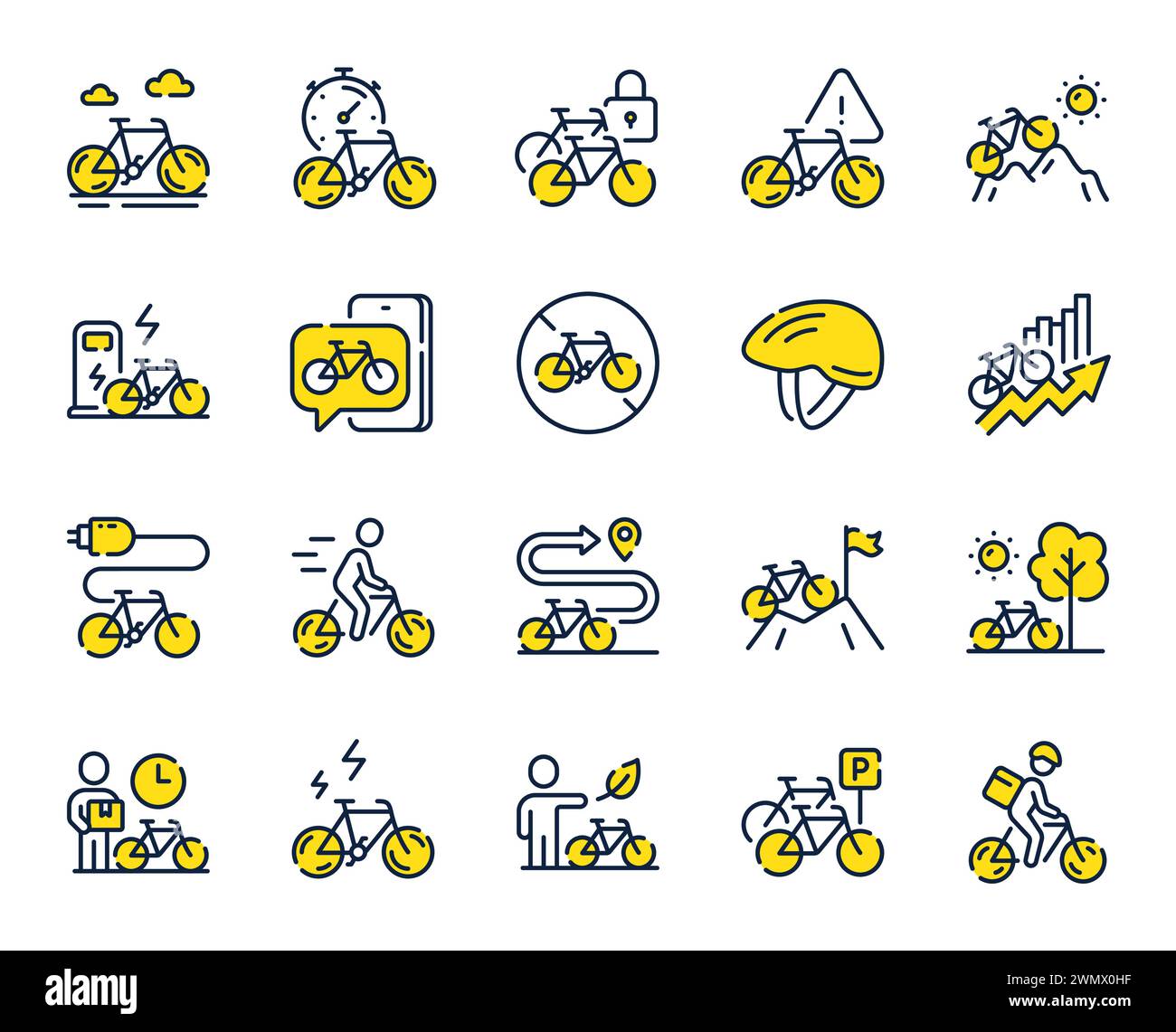 Bicycle line icons. Mountain bike, Travel bicycle and Electric ...