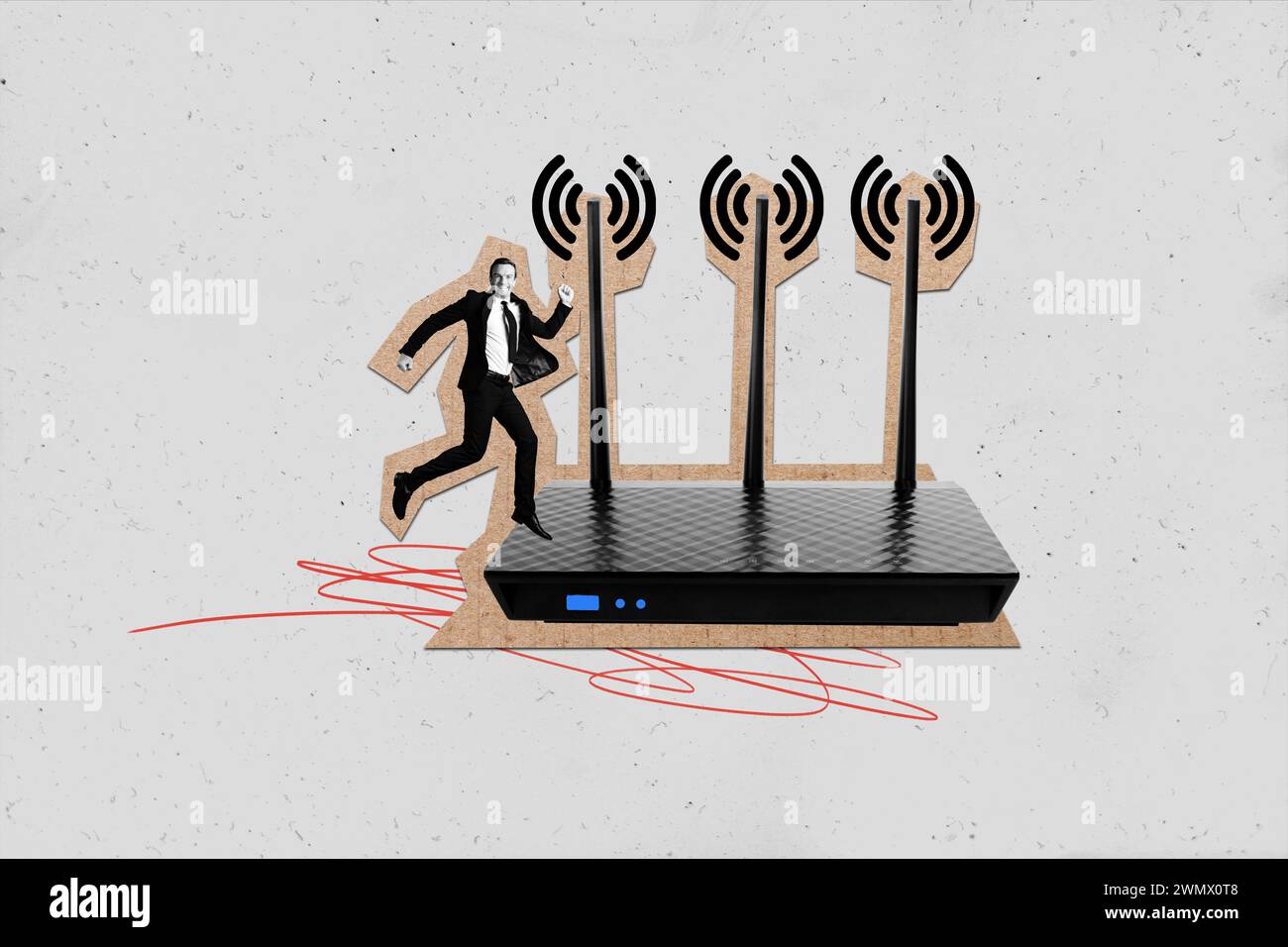 Creative photo collage young running businessman funny happy smile huge ...