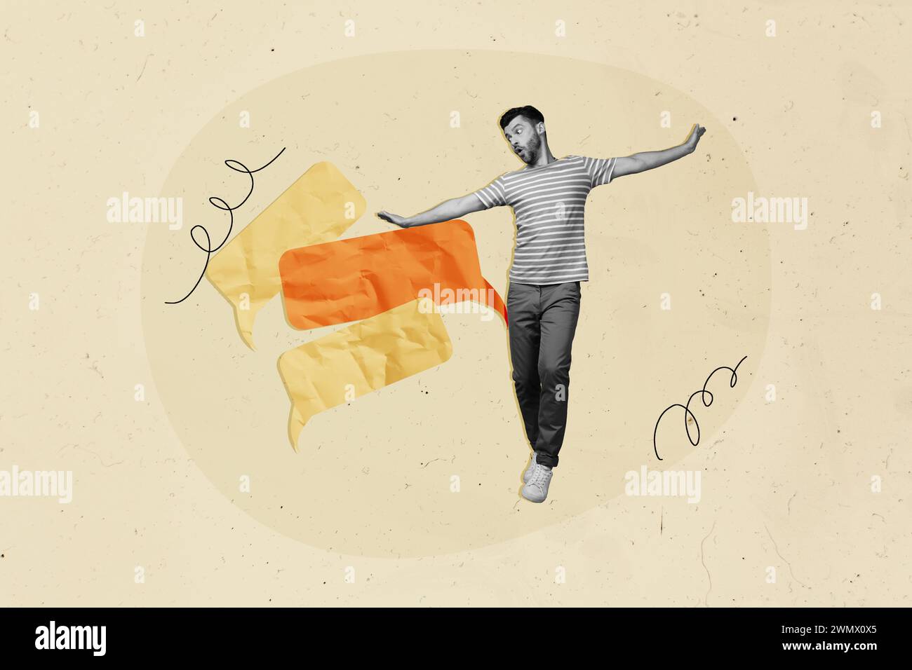 Creative collage photo image young walking man textbox bubbles ...