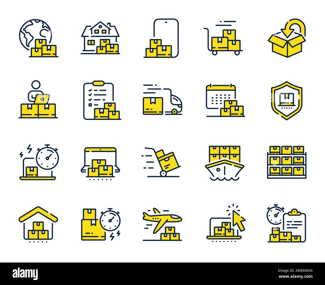 Delivery line icons. Return package, logistic service and delivery date ...