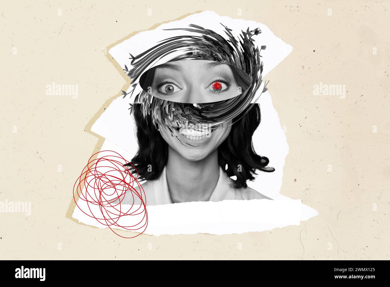 Creative photo collage young cheerful smiling woman crazy stare eye ...