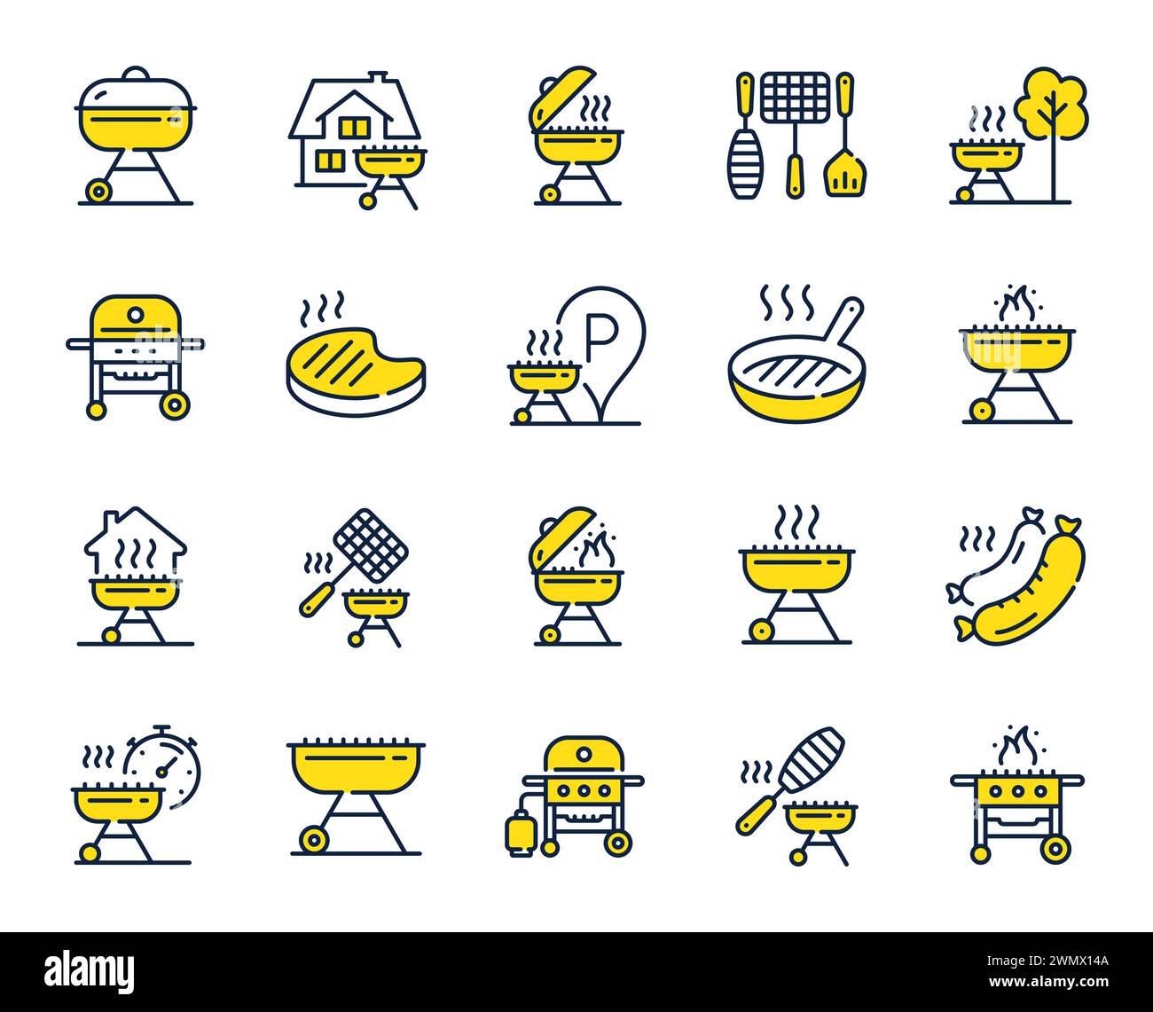 Grill line icons. Meat or salmon steak, Bbq smoker and Fire cooking set ...