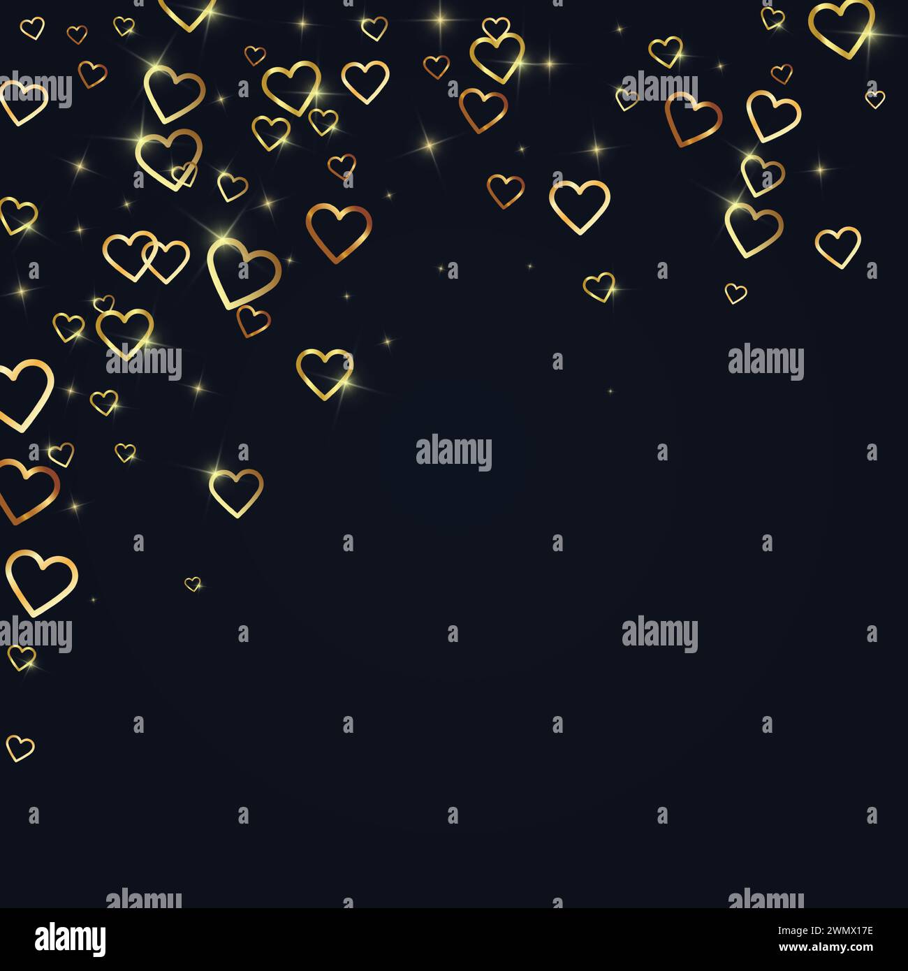 Falling hearts valentine card template. Gold hearts scattered on black ...