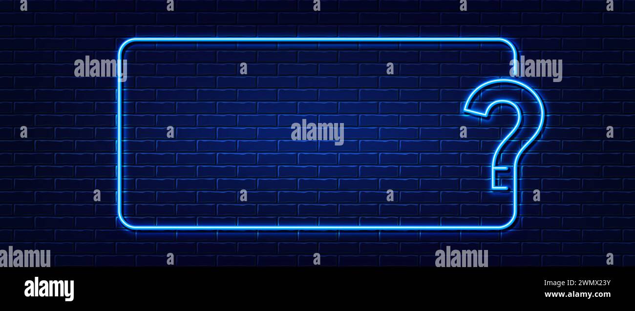 Neon quiz frame for decoration on the wall background. Question mark ...