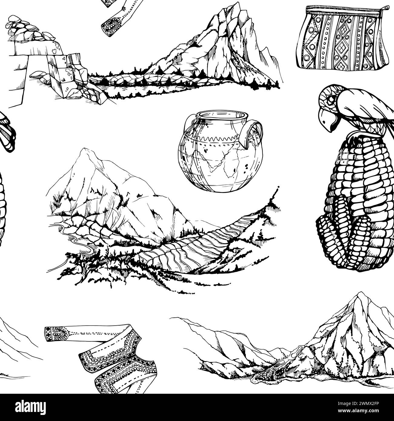 Hand drawn ink vector illustration, Peru symbols landscapes ceramic pot ...