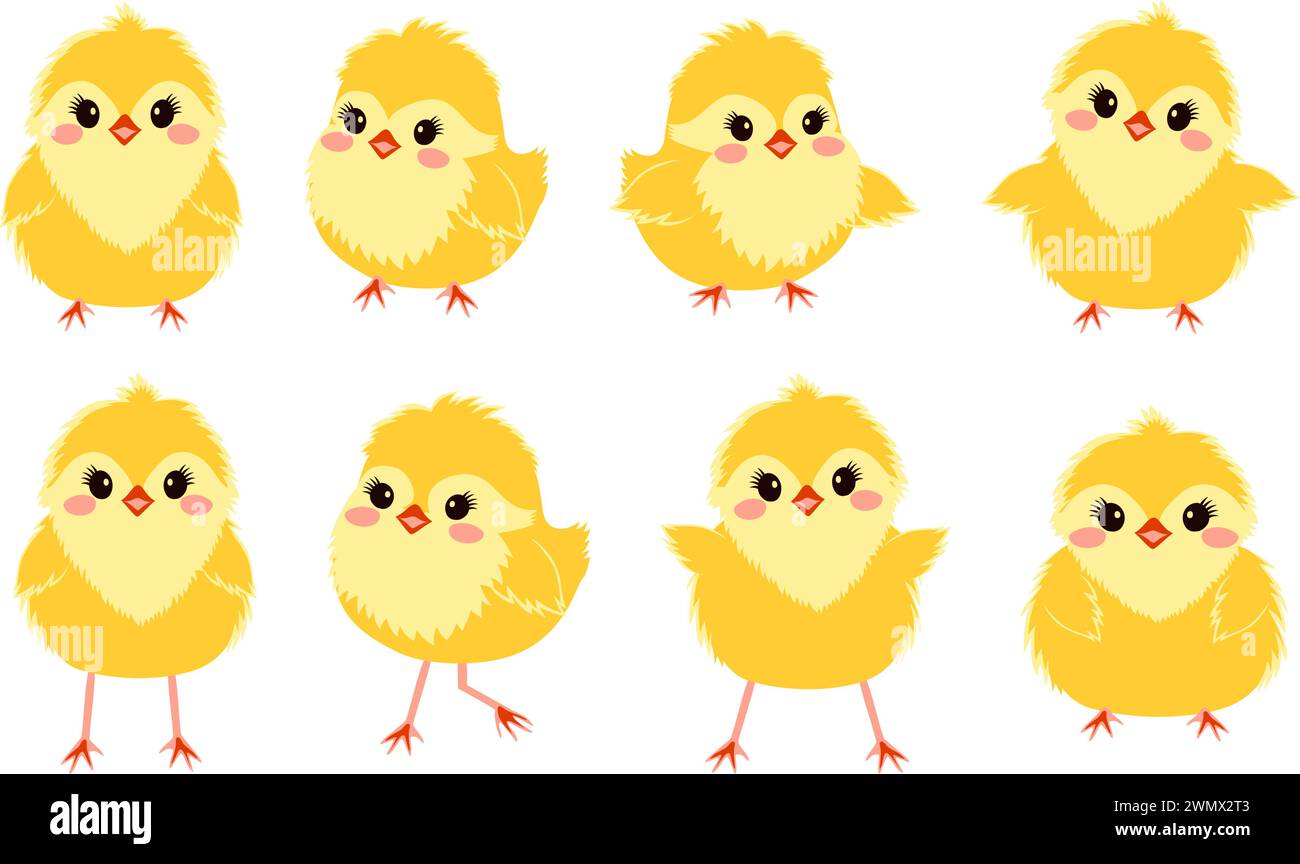 Collection of cute cartoon chicks. Eight adorable illustrated yellow ...