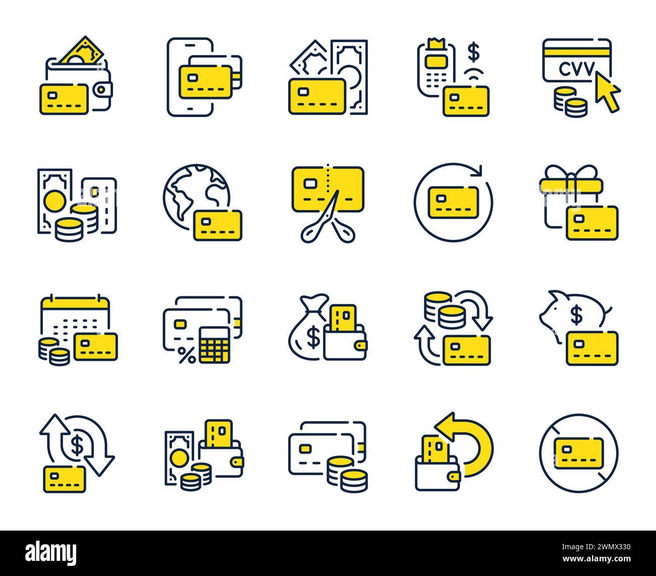 Credit card line icons. Payment card terminal, bankrupt and contactless ...