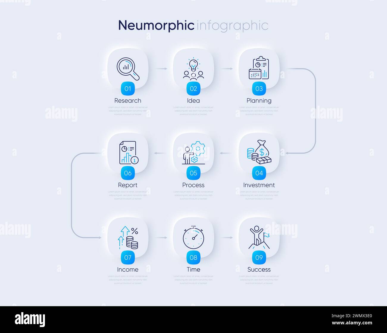 Neumorphic business 9 step flowchart or timeline diagram. Presentation ...