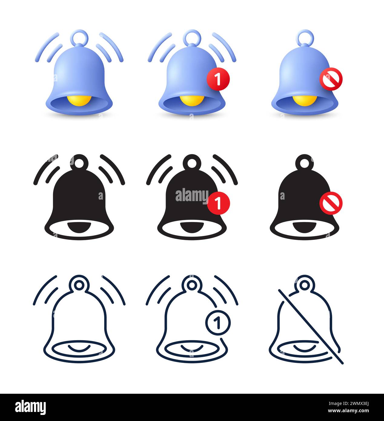 Notification bell icon set. Incoming inbox message, ringing bell and ...