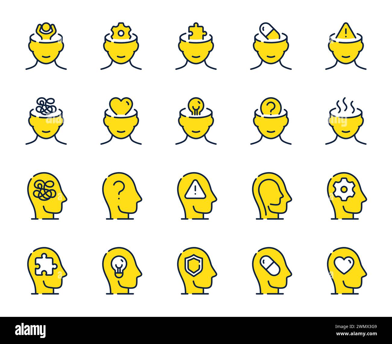 Mental health line icons. Stress anxiety, headache pill and person ...