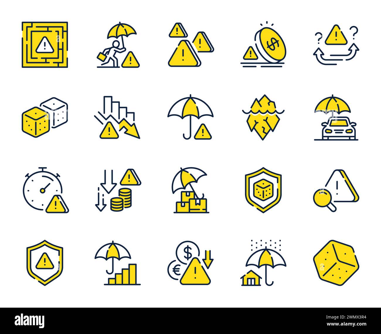 Risk management line icons. Safety umbrella, Iceberg threat and dice ...