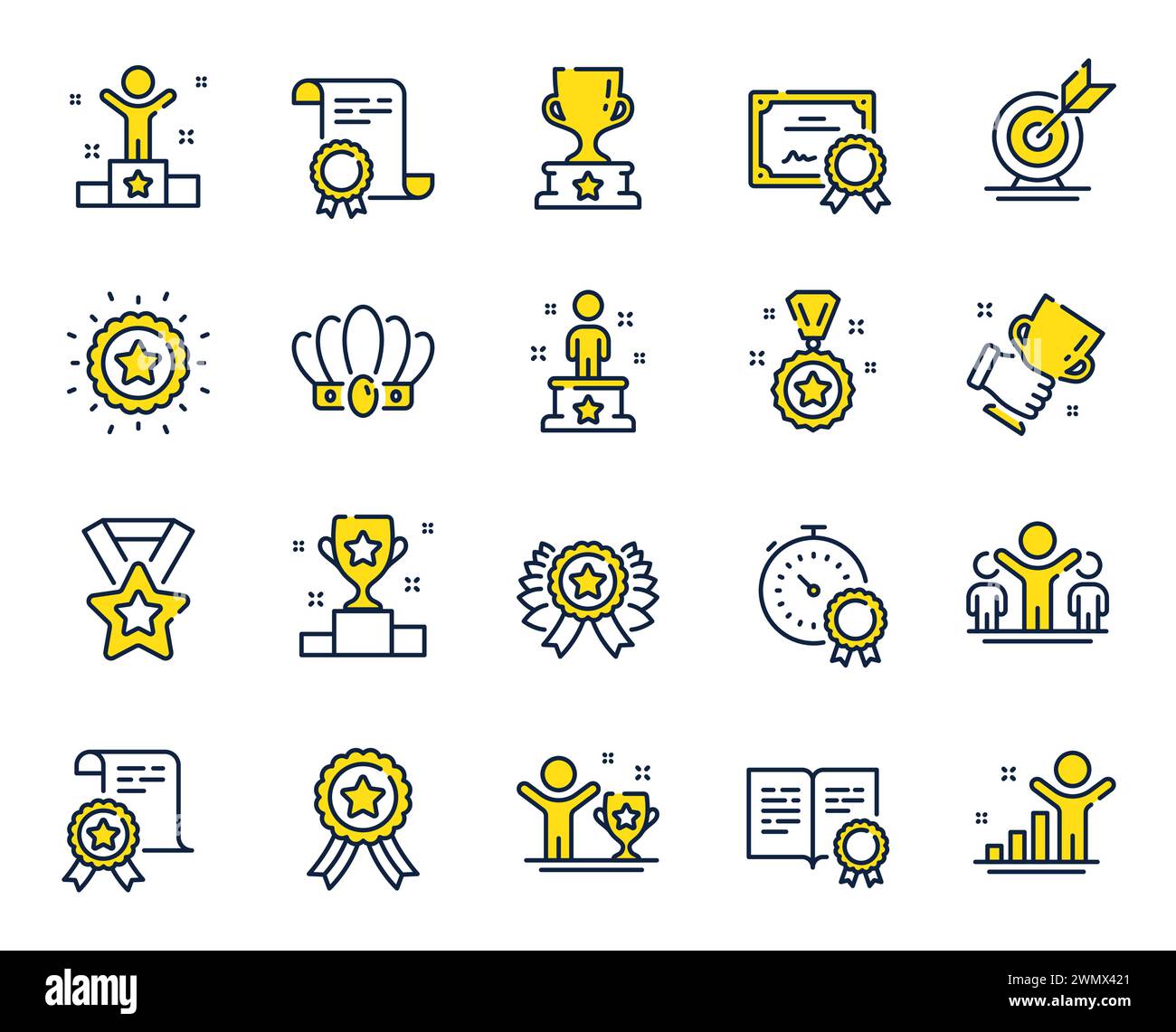 Success line icons. Winner cup, goal target, certificate. Reward, medal ...