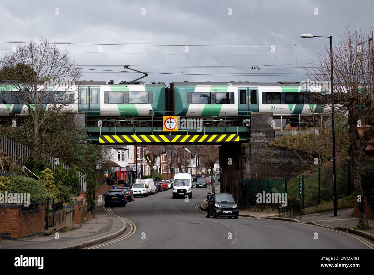 A London Northwestern train crossing a bridge in Albany Road, Coventry ...