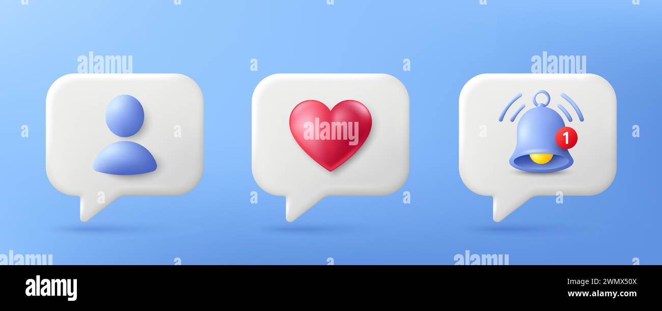 Social media notification 3d icons. Like, friend request and reminder ...