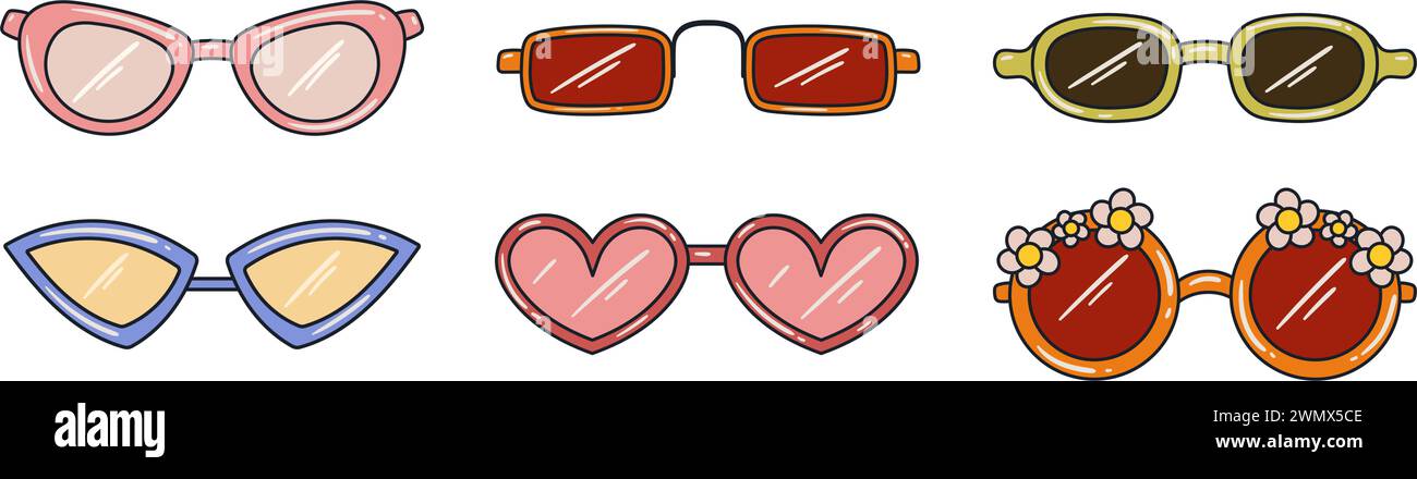 Set of different retro style, hippie sunglasses. Retro aesthetic vibe ...