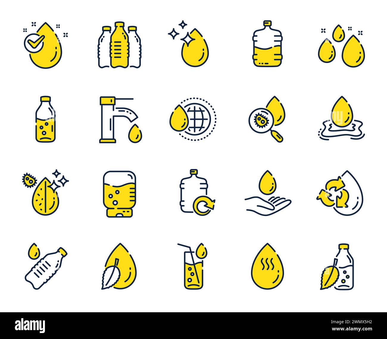 Water drop line icons. Set of Bottle, Antibacterial filter and Tap ...