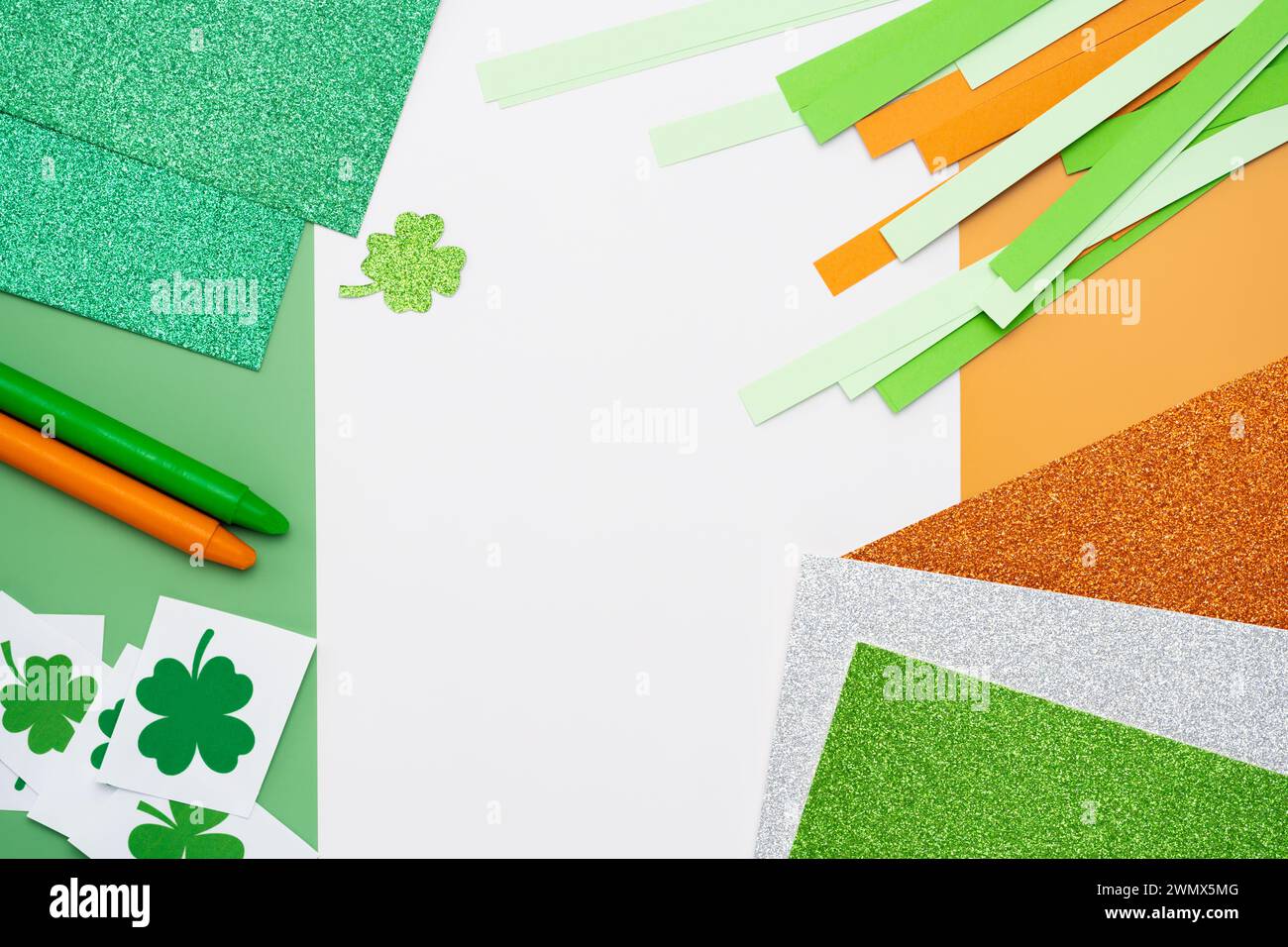 Irish flag made from color paper with cut out shamrock clover crayons ...