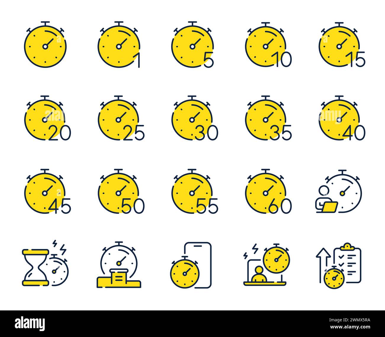 Timer Line Icons Hourglass Clock Time And Stopwatch Vector Stock