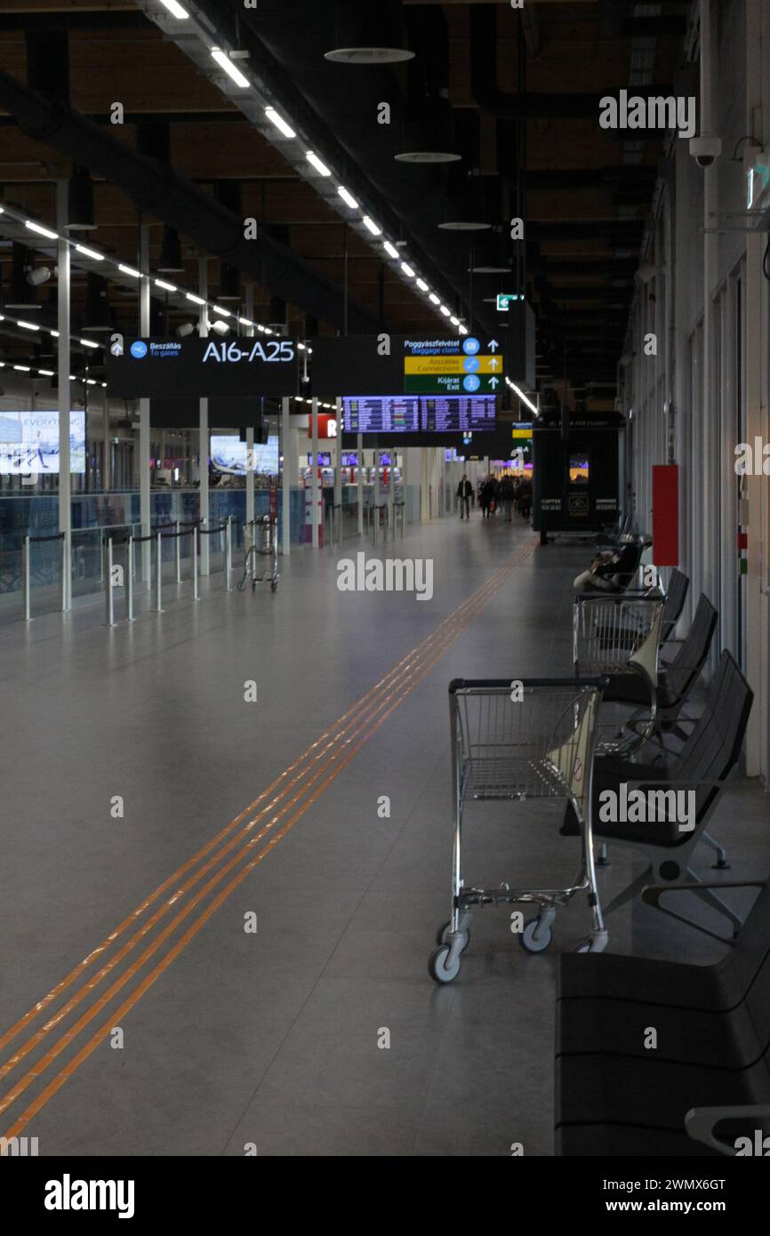 A vibrant snapshot of the bustling interior of the Budapest airport ...