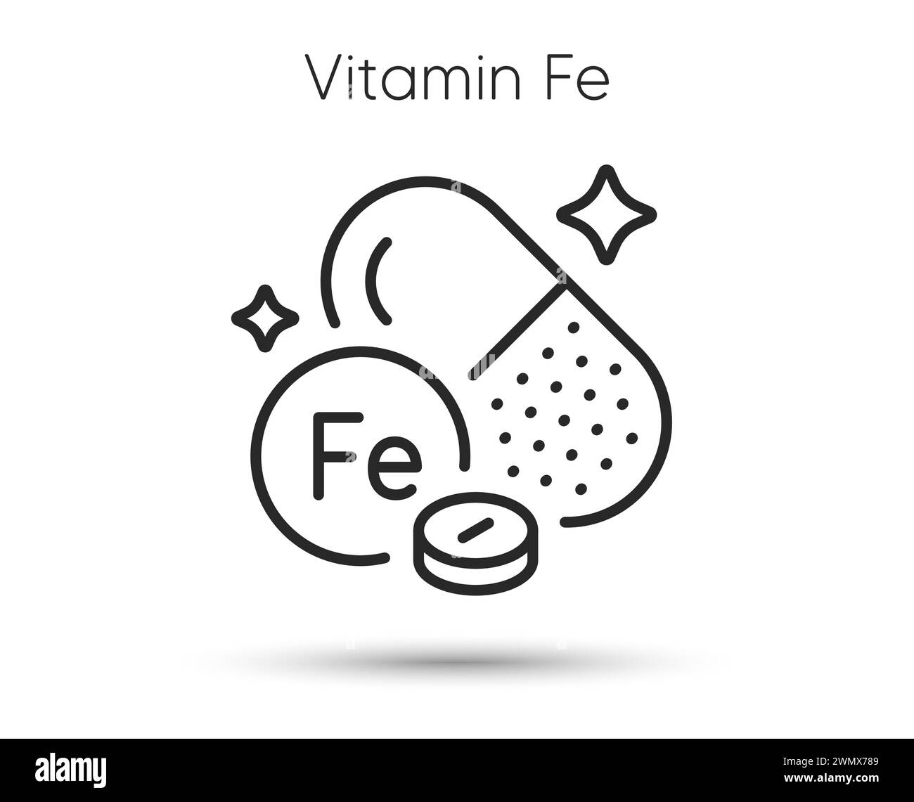 Mineral Fe line icon. Iron capsule sign. Multivitamin pill symbol ...