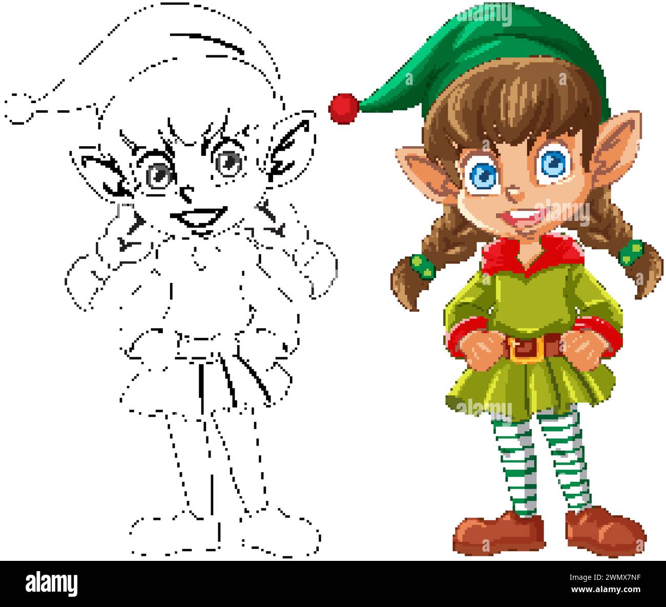 Colorful and line art versions of a Christmas elf Stock Vector Image ...
