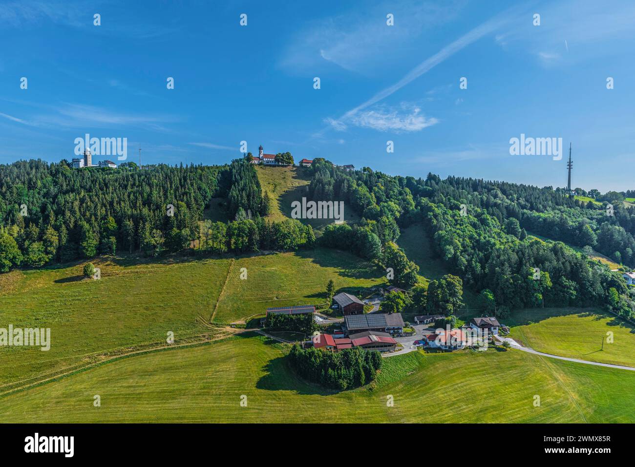 Landscape on the Hoher Peißenberg with the meteorological observatory ...