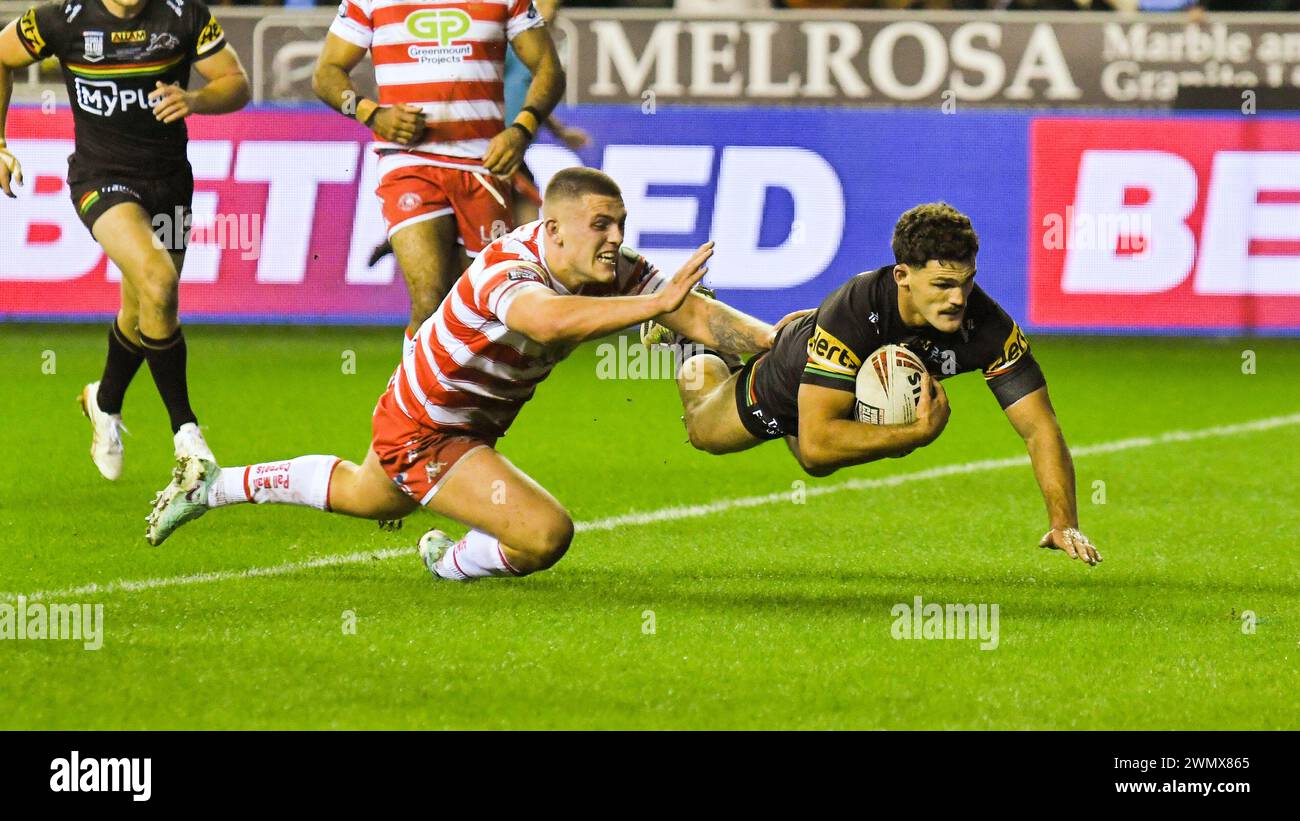 Nathan Cleary scores a try for Penrith Panthers against Wigan Warriors ...