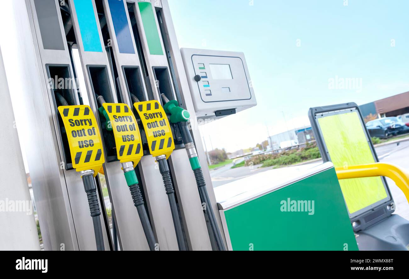 A Fuel pump is out of order sign on. No fuel at gas station. Petrol ...