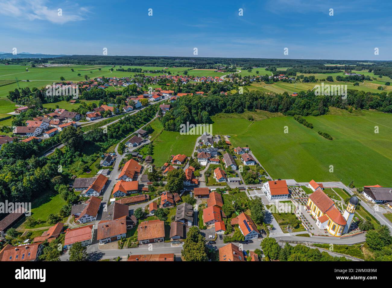Aerial view to Kinsau, a small village in the bavarian Lech valley ...