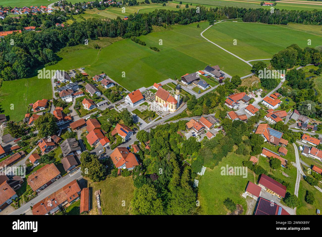 Aerial view to Kinsau, a small village in the bavarian Lech valley ...