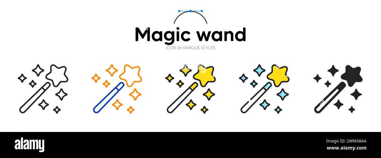 Magic wand line icon in different styles. Bicolor outline stroke style. Magician stick symbol ...