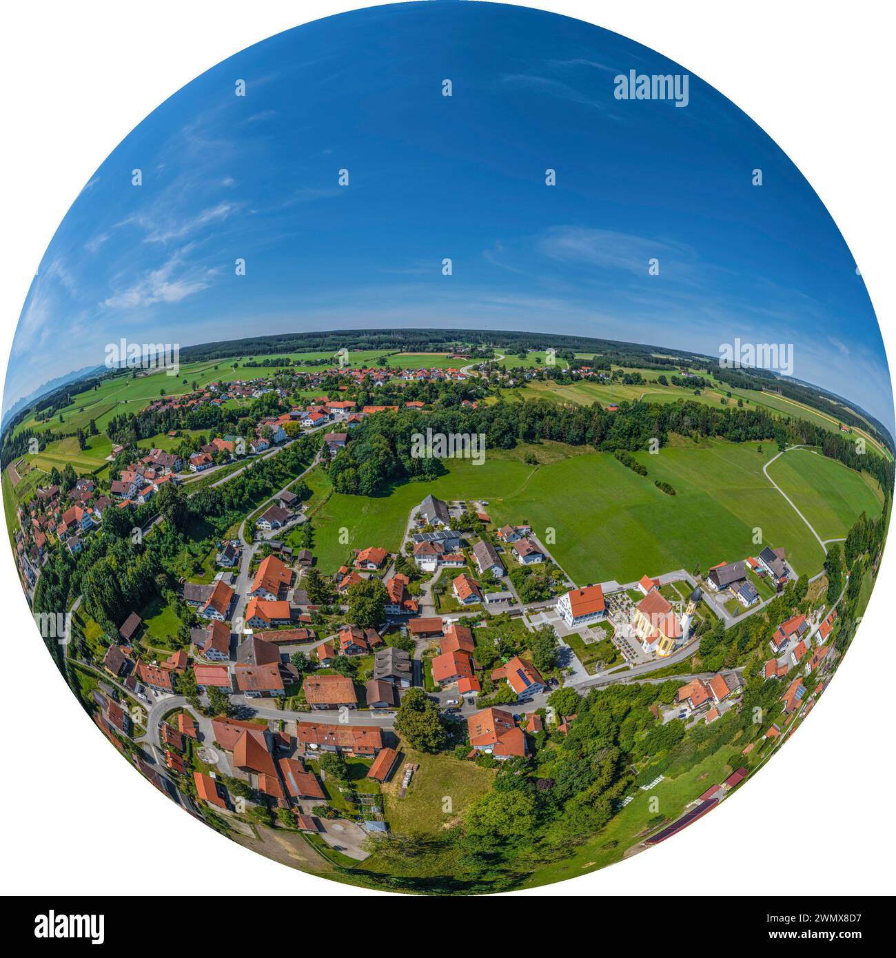 Aerial view to Kinsau, a small village in the bavarian Lech valley ...
