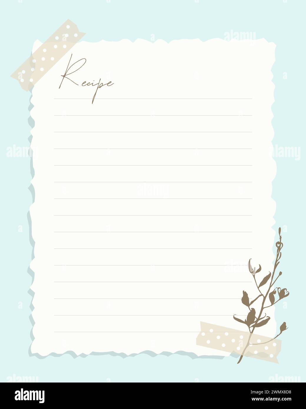 Blank recipe card is presented with cursive lettering at the top, lined ...