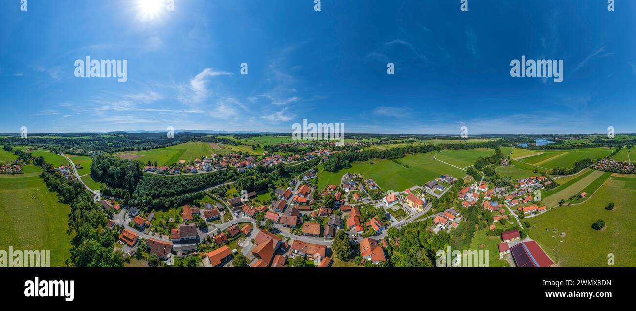 Aerial view to Kinsau, a small village in the bavarian Lech valley ...