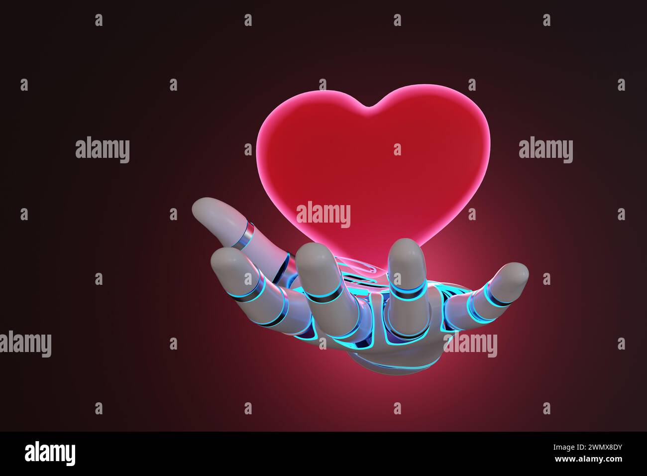 Robotic arm having a glowing red heart floating above its palm on dark ...