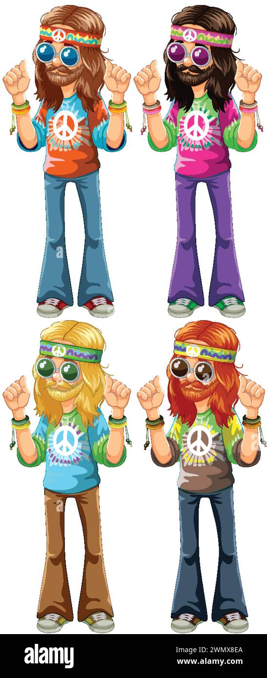 Colorful retro hippie characters in various poses Stock Vector Image ...